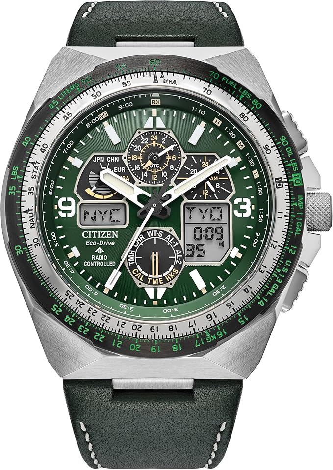 Men's Eco-Drive Promaster Skyhawk A-T Watch, Green Dial, Green Leather ...