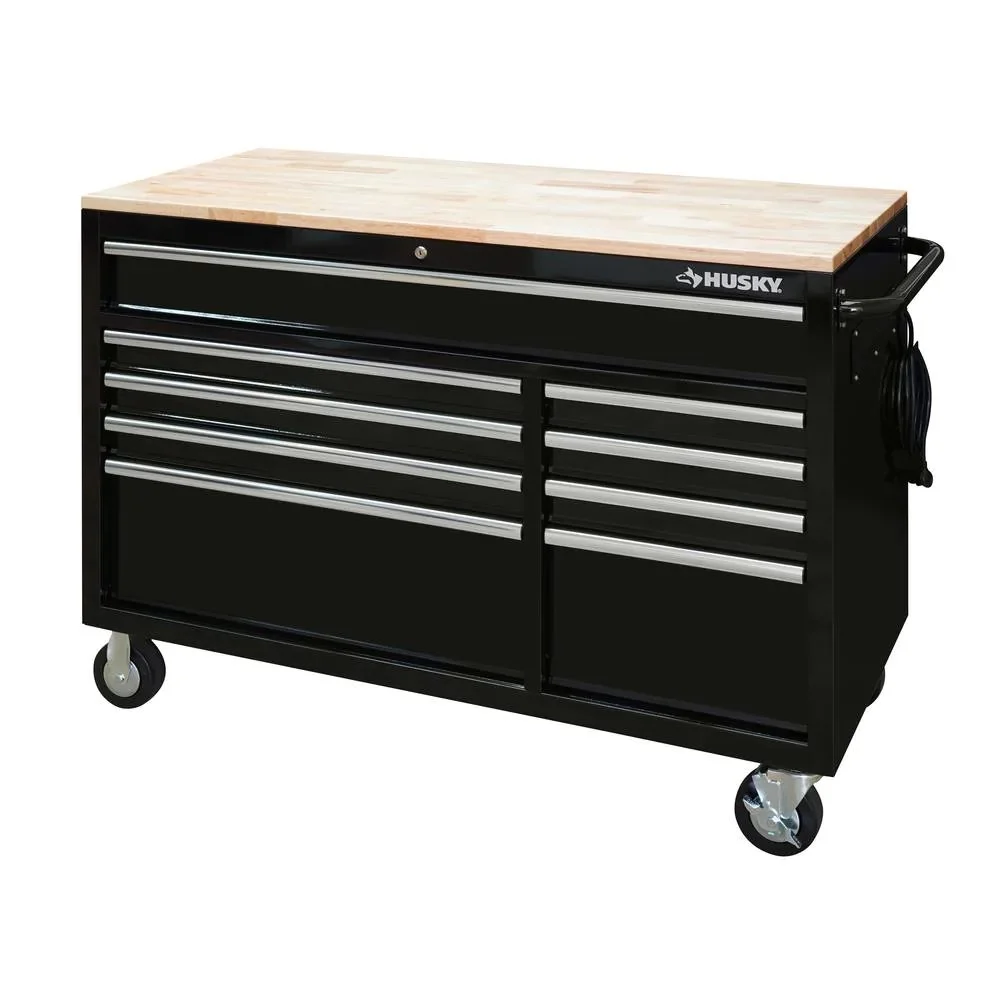 52 in. W 9-Drawer, Deep Tool Chest Mobile Workbench in Gloss Black