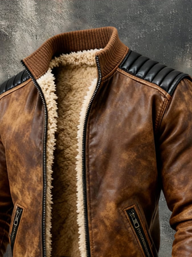 Men'S Vintage Distressed Leather Outdoor Jacket Cotton Coat